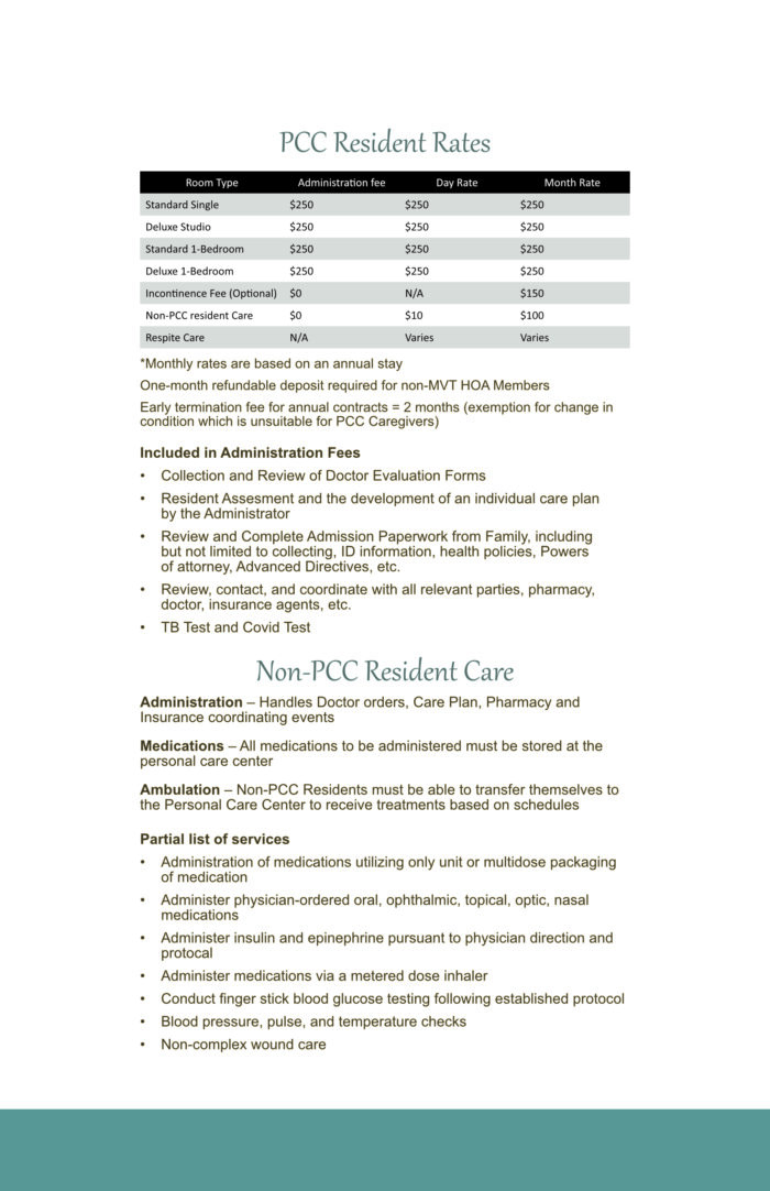 PCC Resident Rates - Mount Vernon Senior Living Costs